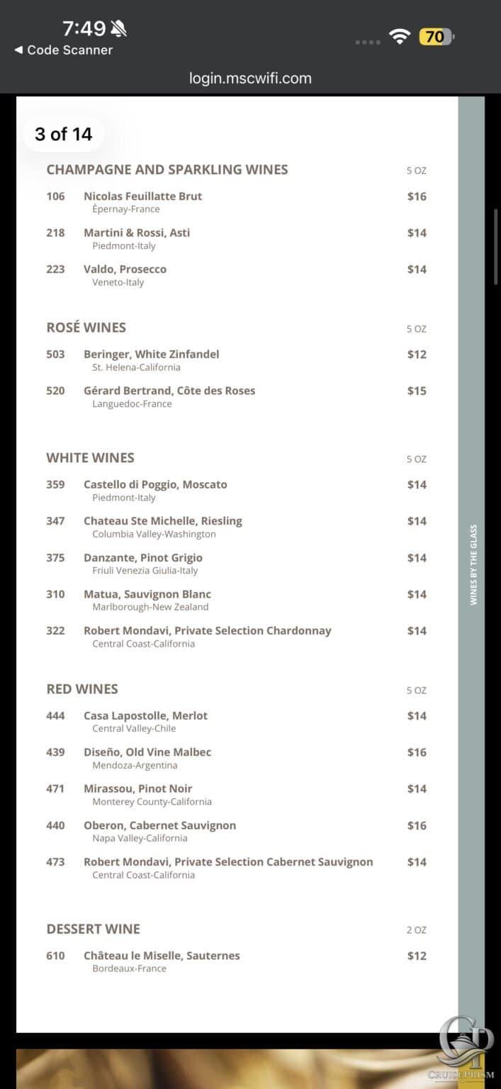 MSC Seaside Wine List & Prices: Complete Menu Guide