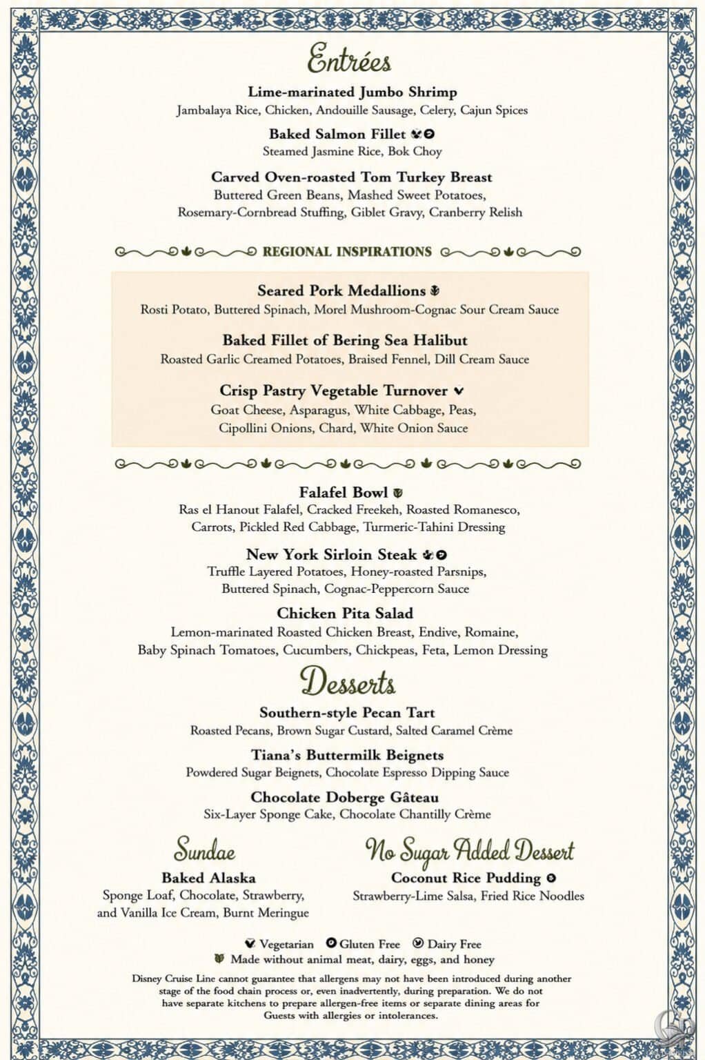 Disney Cruise Line Menus: Tiana’s Place, Palo & More